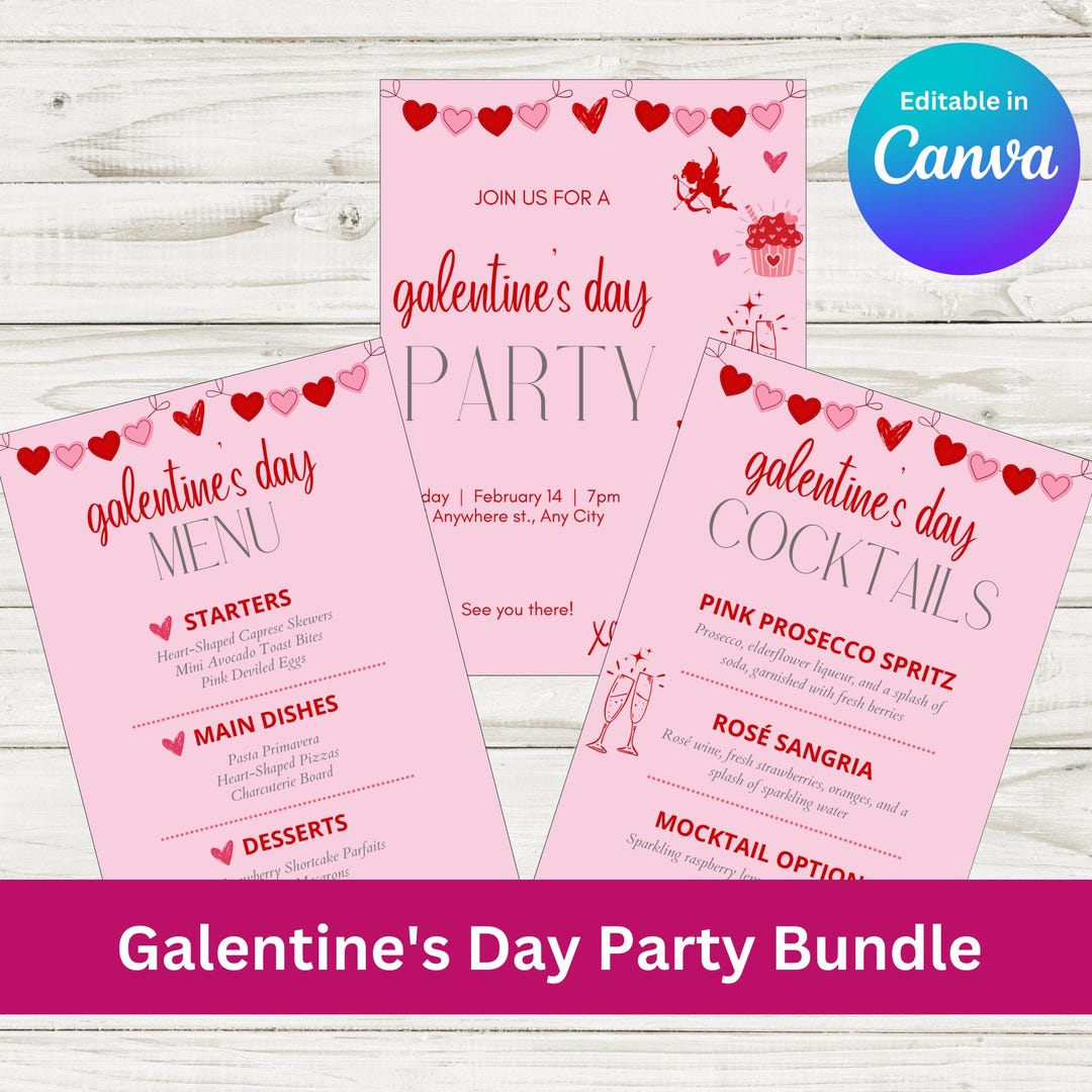 Galentines Day Bundle, Printable, Party Invitation, Dinner Menu ...