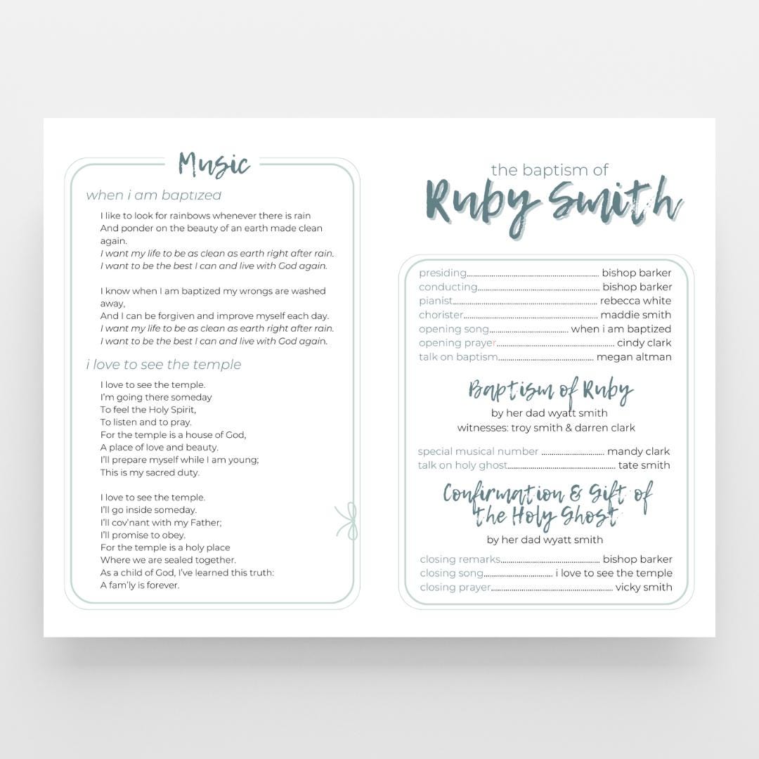 LDS Girl Baptism Program Template | Customizable and Printable | LDS ...