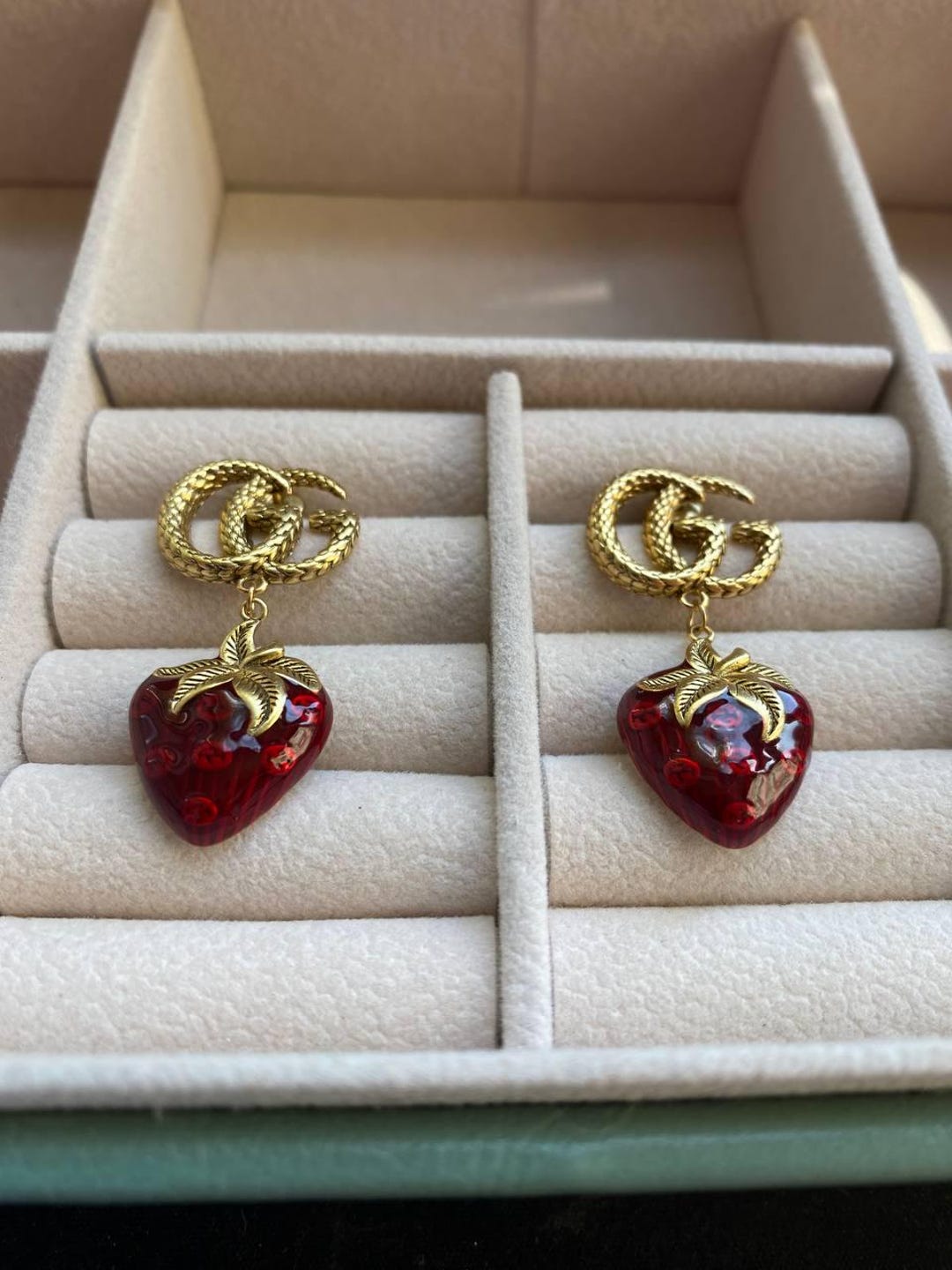 Gucci Gold GG Alphabet Red Drop Earrings Designer Statement Jewelry for ...