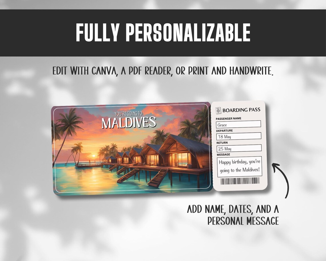 Maldives Boarding Pass Editable Printable Personalized Travel Ticket ...