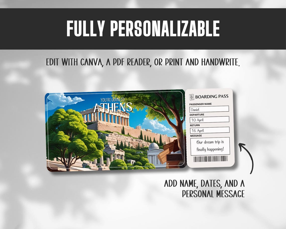 Athens Boarding Pass Editable Printable Personalized Travel Ticket ...