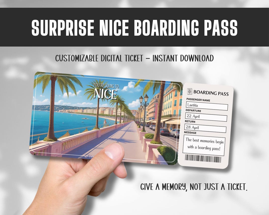 Editable Nice France Boarding Pass Surprise Trip Ticket Printable Nice ...