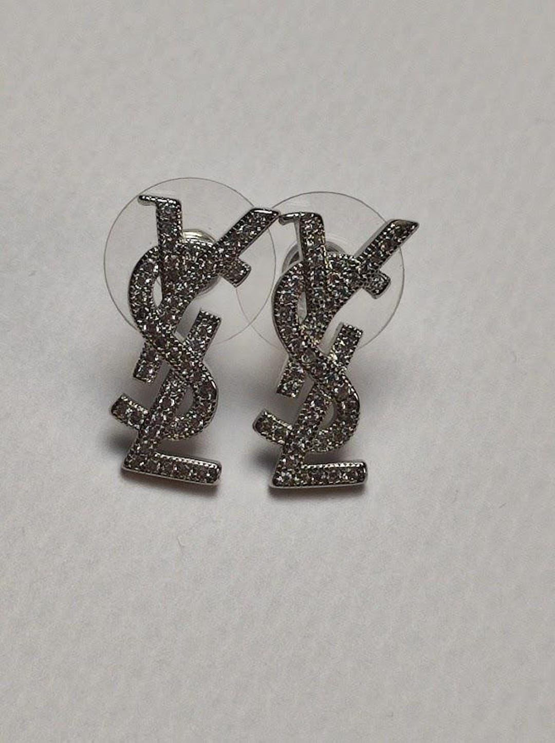 Yves Saint Laurent Silver Pave Crystal YSL Logo Stud Earrings - Etsy