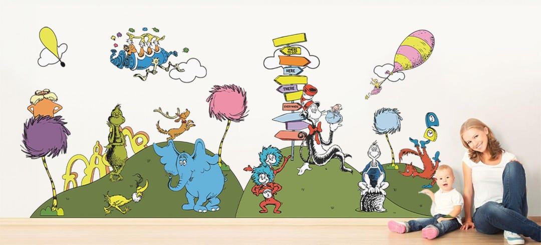 Dr Seuss Wall Decal Lorax Wall Sticker Cat in the Hat Wallpaper Horton ...