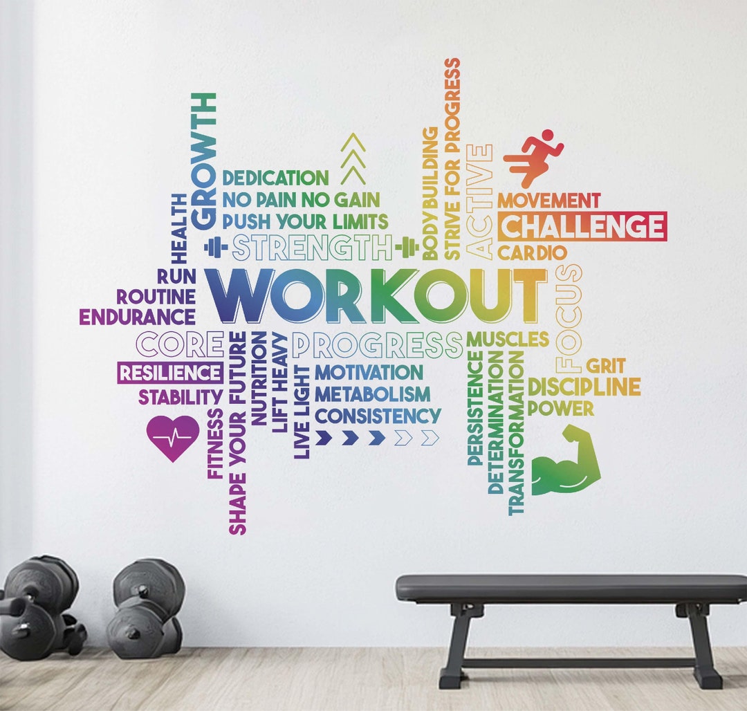 Fitness Wall Decal Gym Wall Mural Inspirational Words Rainbow Gym Decal ...