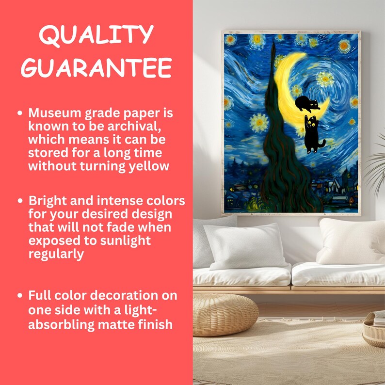 Van Gogh Style Starry Night Cat Poster - Gift for Cat Lovers, Art ...