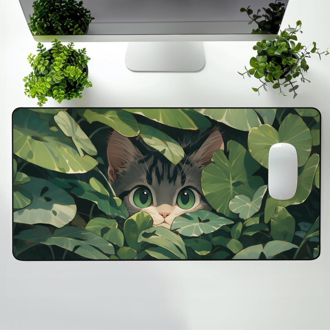 Peekaboo Cat Desk Mat | Gray Tabby in Lily Pads | Large Computer Mat ...