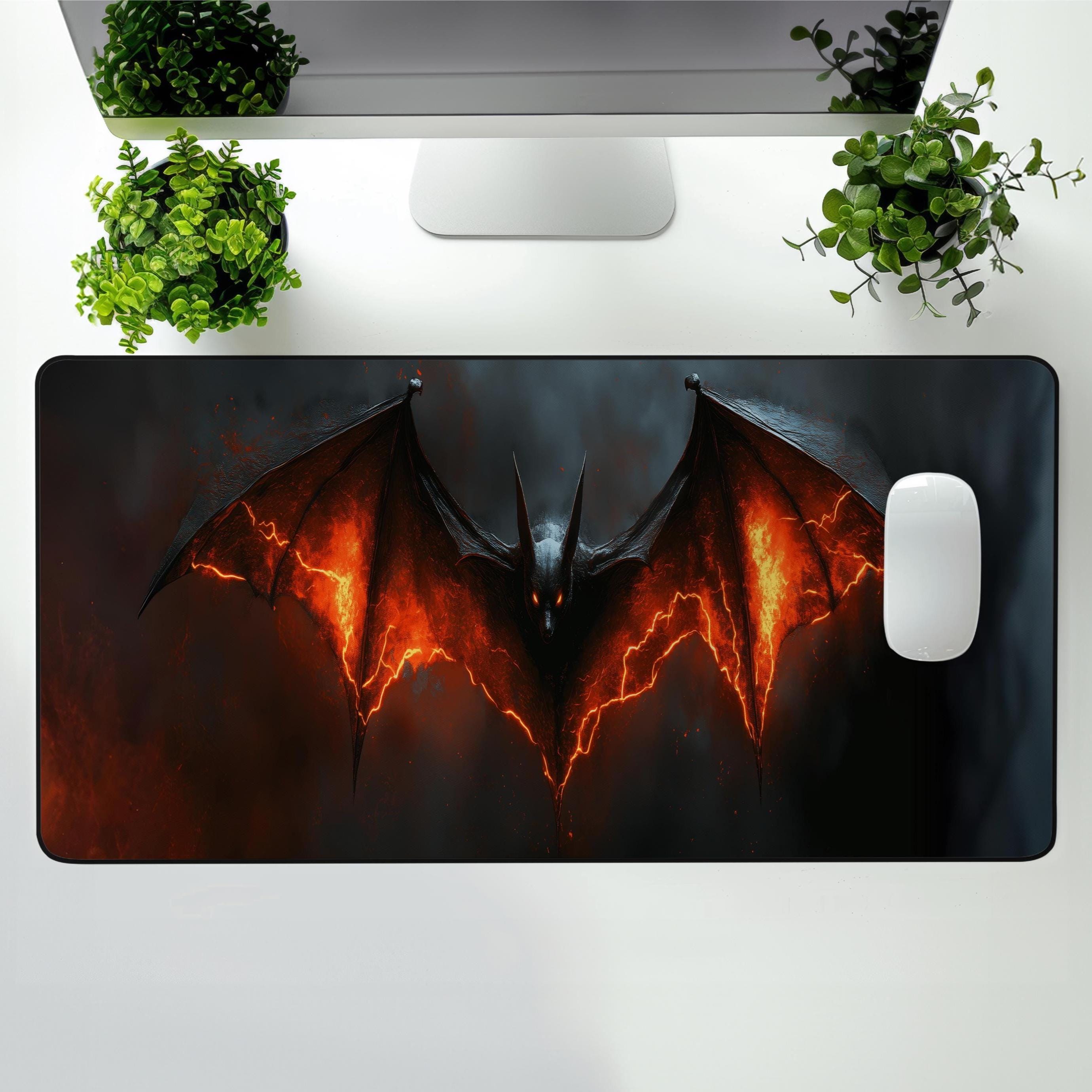 Fiery Lightning Bat Desk Mat – Large Gaming Pad, Gothic Horror Desk ...