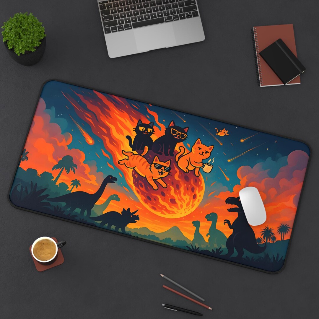 Cat Apocalypse Gaming Mouse Pad - Dinosaur Extinction Humor Desk Mat ...