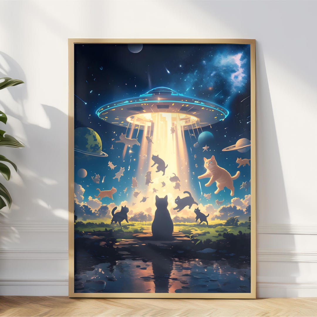Intergalactic Cat Abduction Poster: Cosmic UFO Sci-fi Print - Etsy