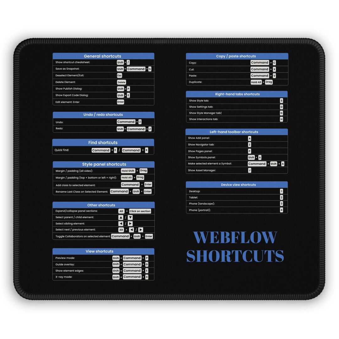 Webflow Shortcuts Cheatsheet Mousepad | Personalizable Web Designer Pad ...