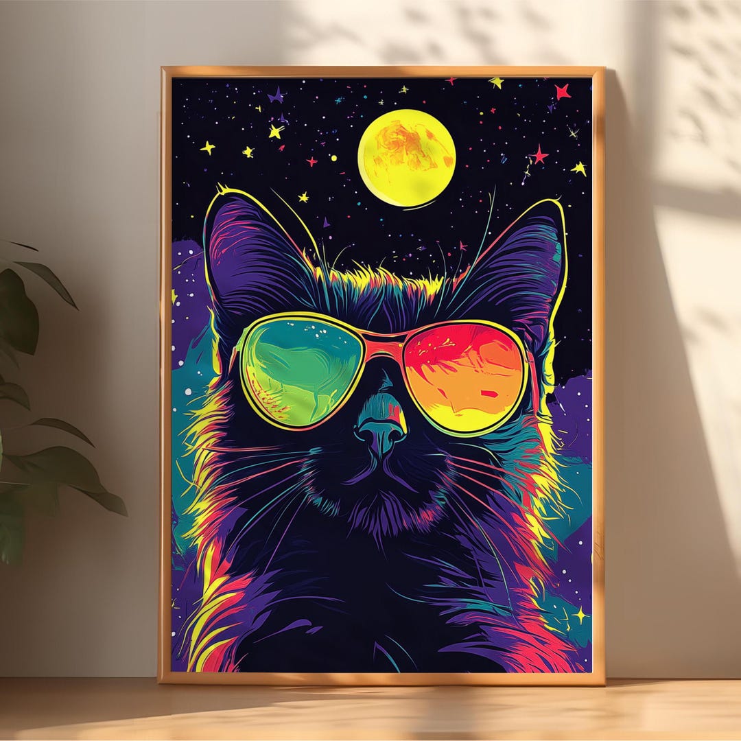 Neon Cat Poster | Psychedelic Cat Wall Art | Fun Home Decor | Unique ...