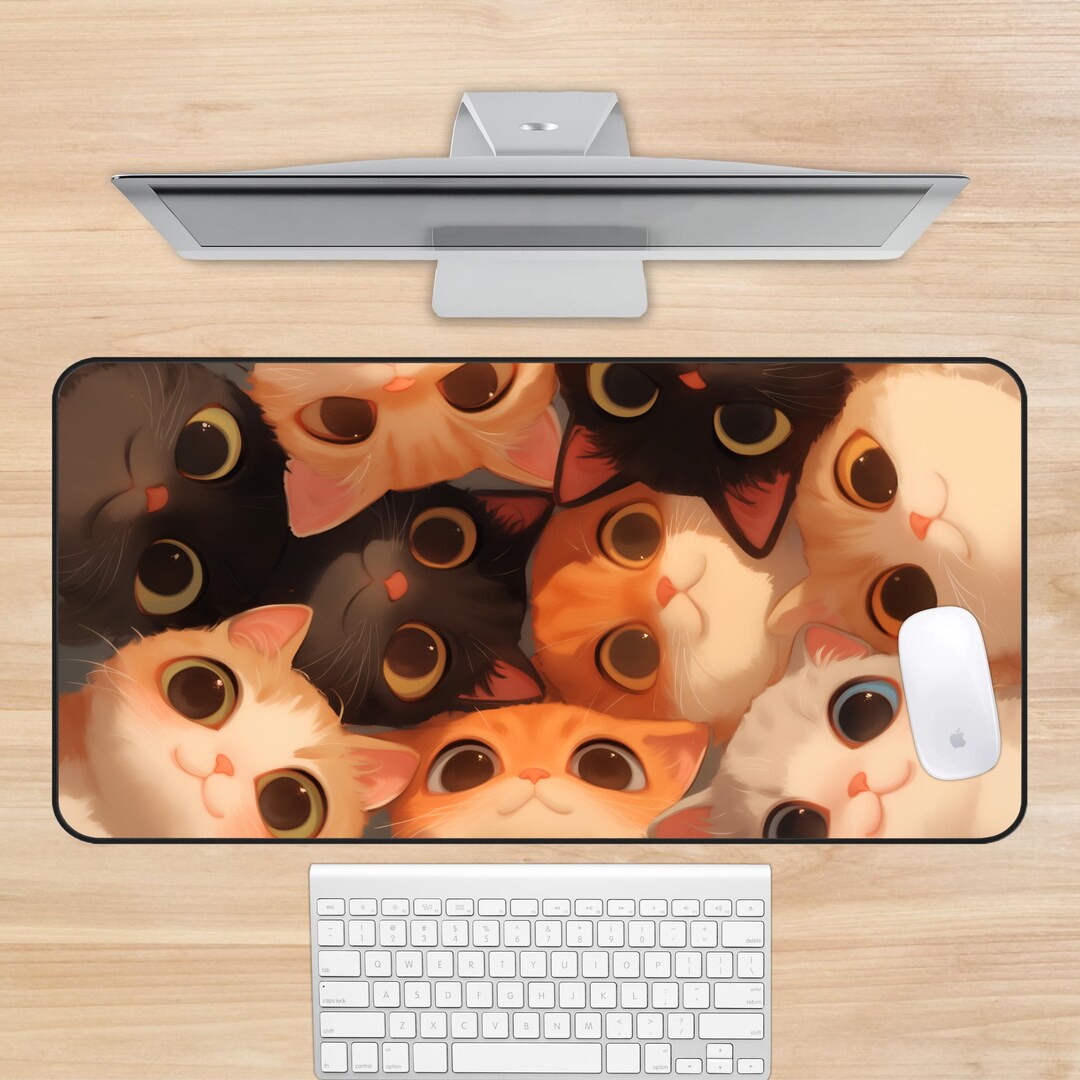 Kawaii Cats Desk Mat XL Gaming Mousepad | Cute Anime Black Orange White ...