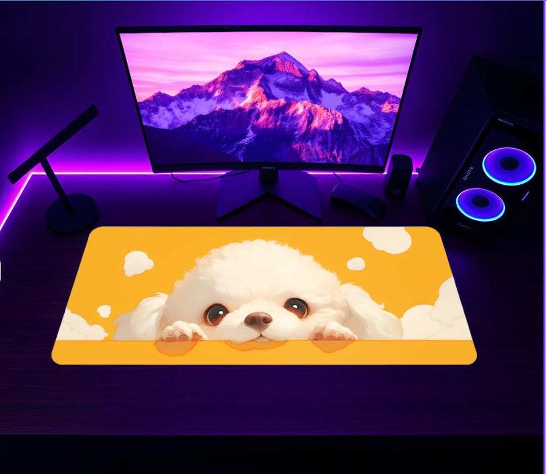 Cute Bichon Frise Desk Mat | Peekaboo Puppy Gaming Mouse Pad | White ...