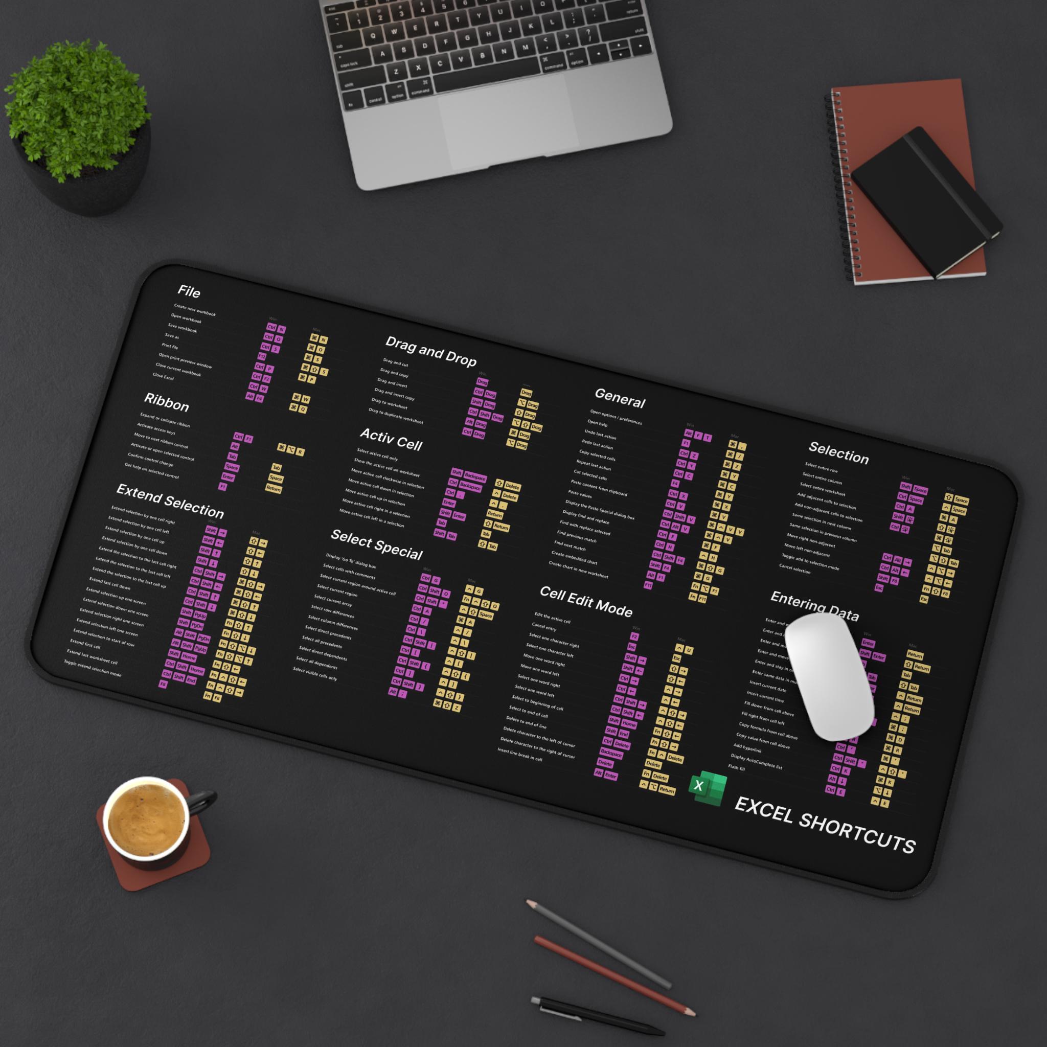 Excel Shortcuts Desk Mat Cheat Sheet for Win & Mac, Large Productivity ...