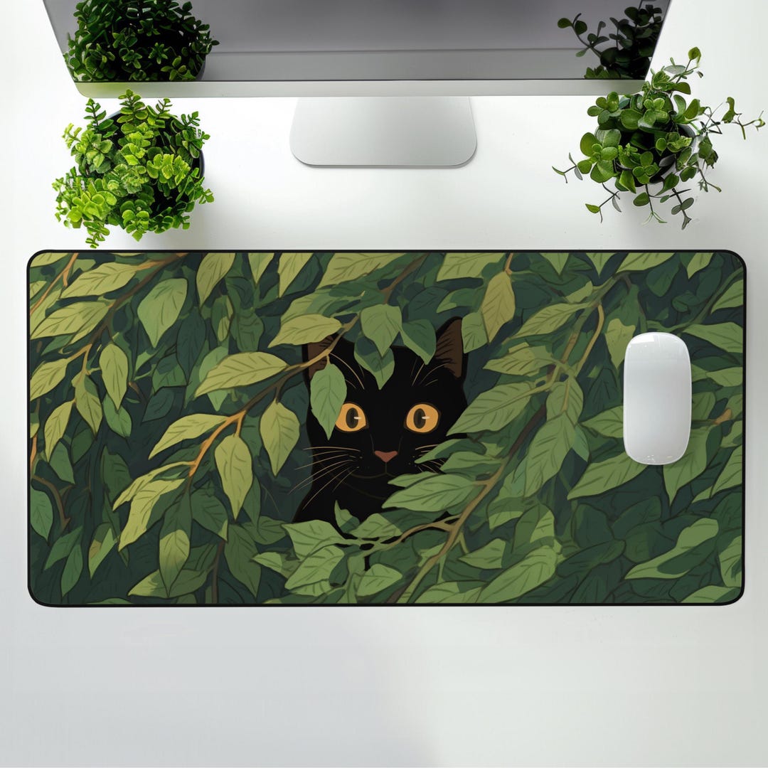 Peekaboo Cat Desk Mat | Black Cat in Leaves, Large Anime-inspired Desk ...
