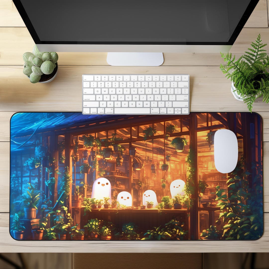 Cozy Ghosts in Greenhouse Desk Mat - Whimsical & Cute Design, Perfect ...