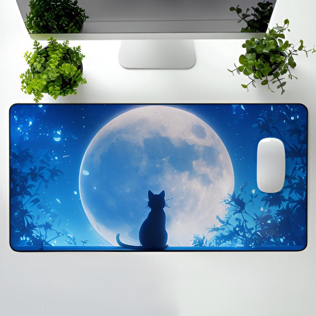 Black Cat Full Moon Desk Mat: Celestial Night Sky Mousepad - Etsy
