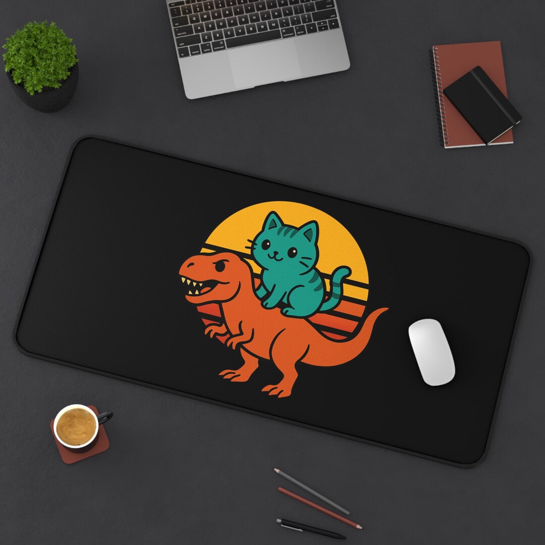 Cat Riding T-rex Desk Mat: Kawaii Gaming Mouse Pad - Etsy