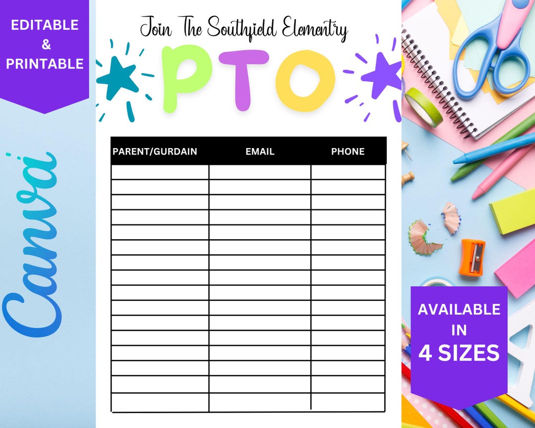 PTO Sign up Sheet,editable Teacher Volunteer Printable,pta Editable ...