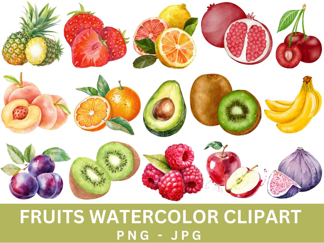 Cute Fruits Clipart,watercolor Fruits Clipart Bundle,kawaii Fruit Svg ...
