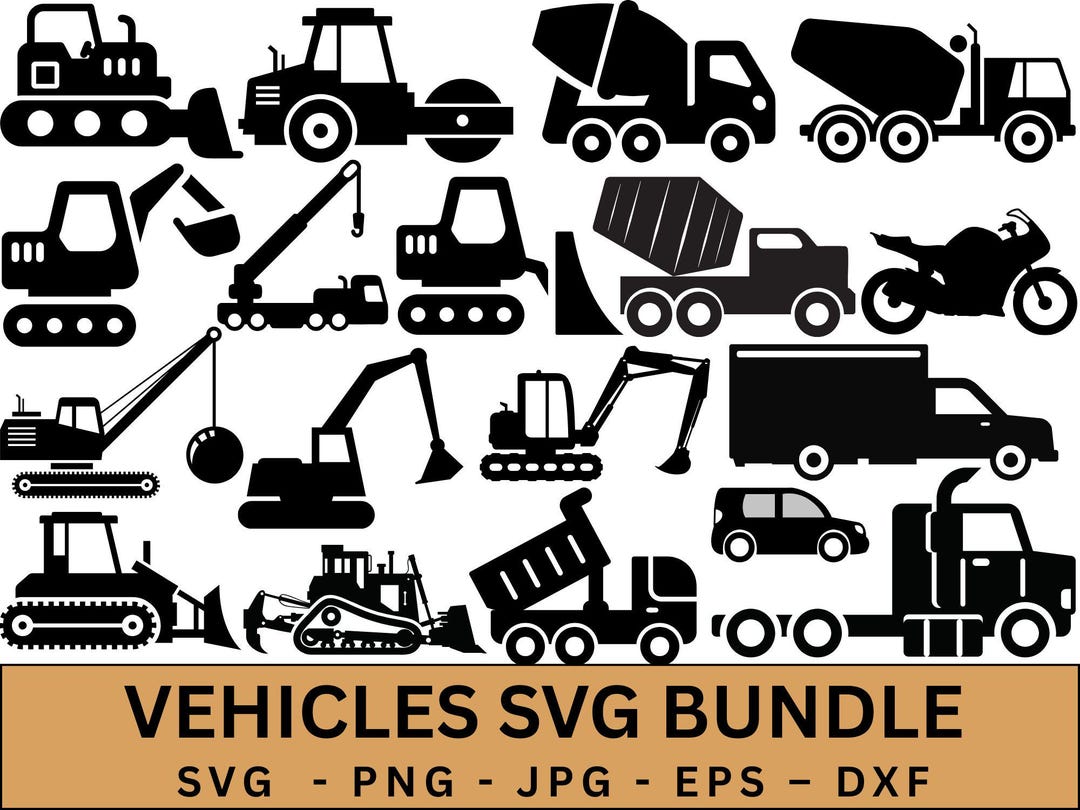 Construction Vehicles SVG Bundle, Truck, Crane, Excavator (digital ...