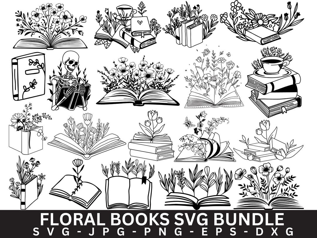 Floral Book Svg,floral Book Clipart,reading Svg,books With Flowers Svg ...