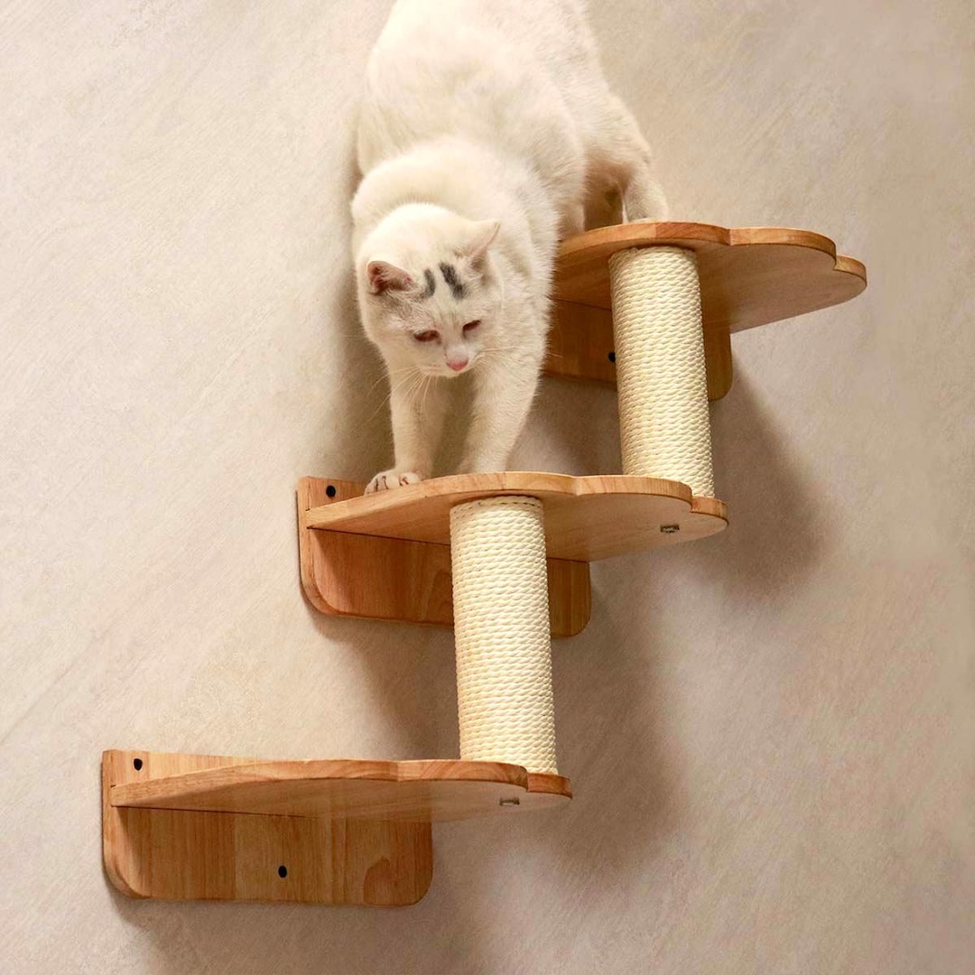 Rubberwood Cat Wall Steps: Cat Climber Shelf With Scratching Post - Etsy