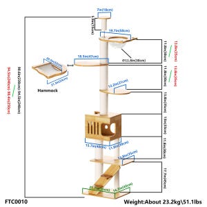 Rubber Wood Cat Tree Floor to Ceiling, No Drilling, Adjustable Height ...