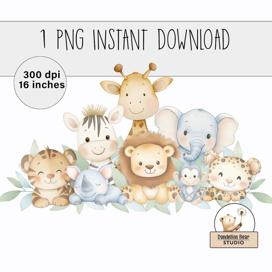 Watercolor Baby Safari Animals Sublimation Design | Jungle Nursery ...