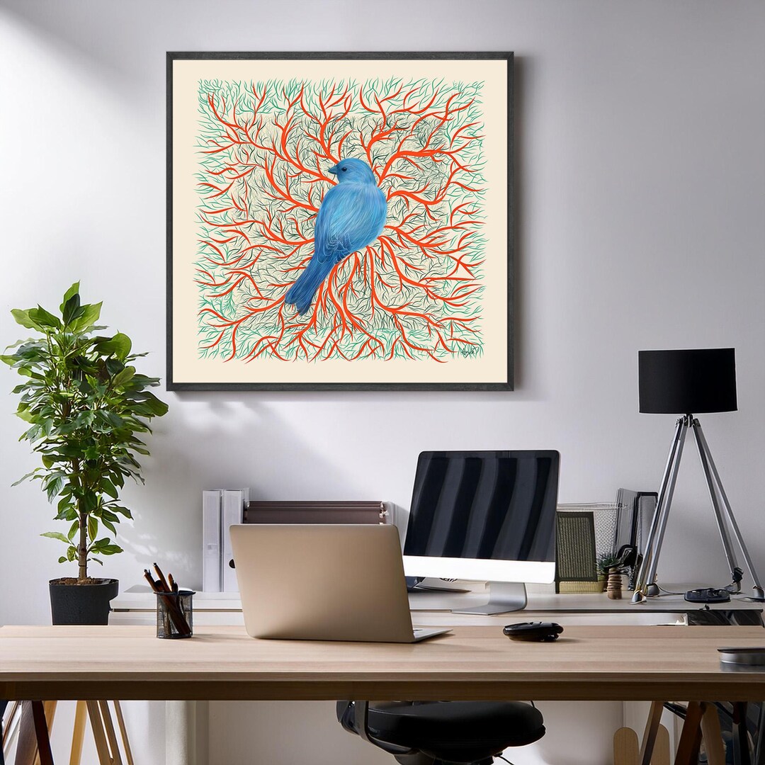 Peaceful Artwork Print Blue Bird Wall Decor Meditation Space Home ...
