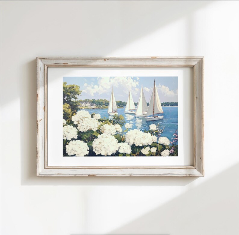 Nantucket Harbor Sailboat Art White Hydrangea Coastal Wall Art ...