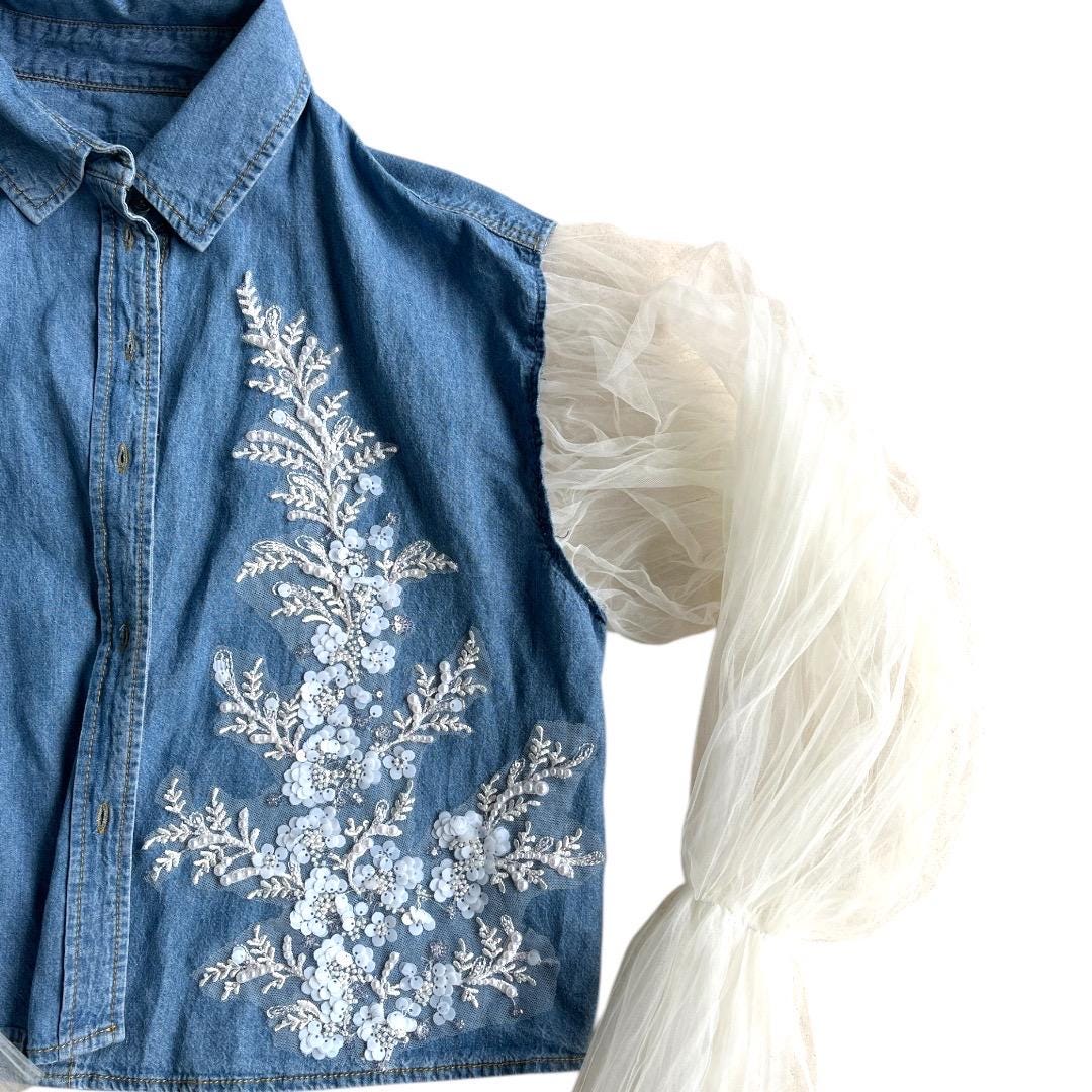 Handmade Lace Denim Jacket – Sheer Tulle Sleeves Jean Jacket, Boho Chic ...