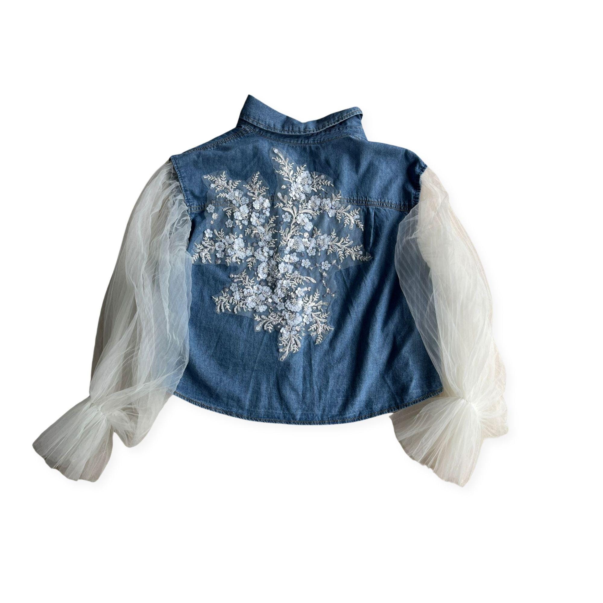 Handmade Lace Denim Jacket – Sheer Tulle Sleeves Jean Jacket, Boho Chic ...