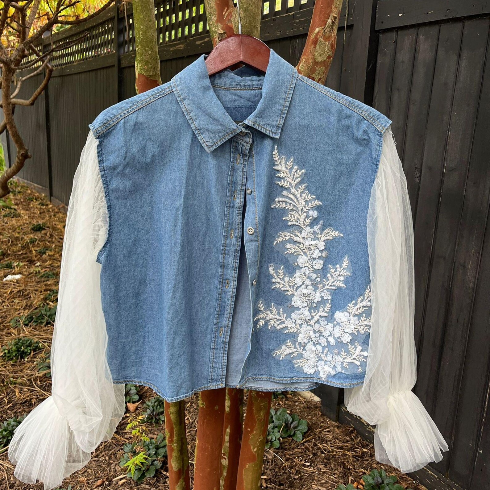 Handmade Lace Denim Jacket – Sheer Tulle Sleeves Jean Jacket, Boho Chic ...