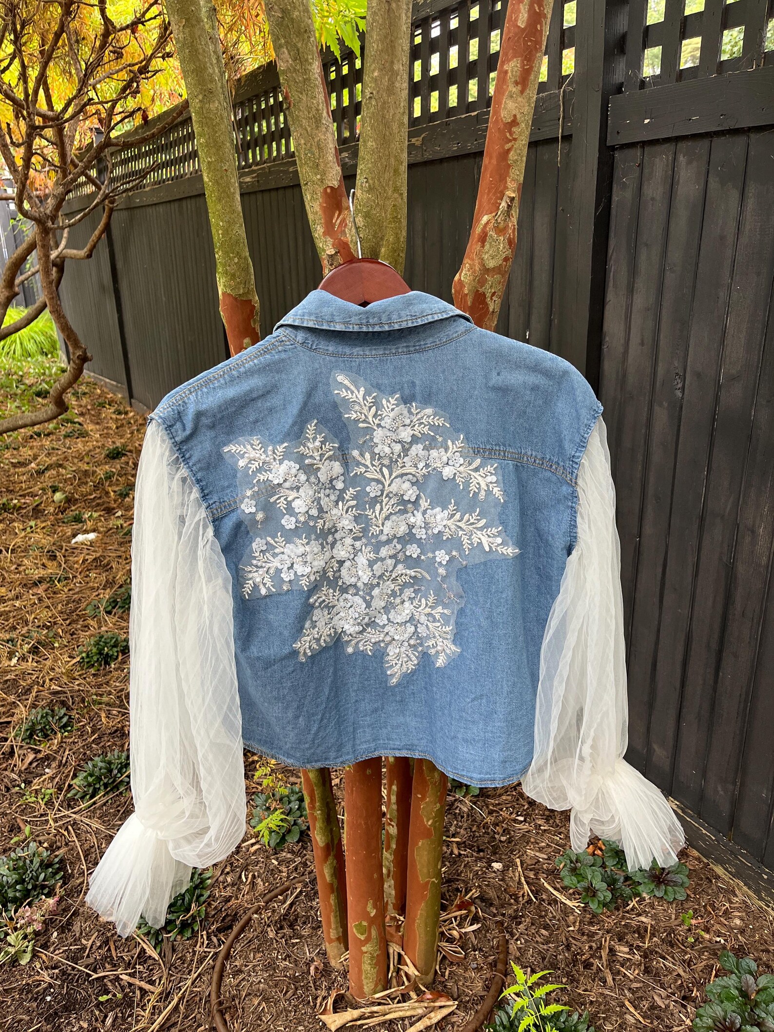 Handmade Lace Denim Jacket – Sheer Tulle Sleeves Jean Jacket, Boho Chic ...