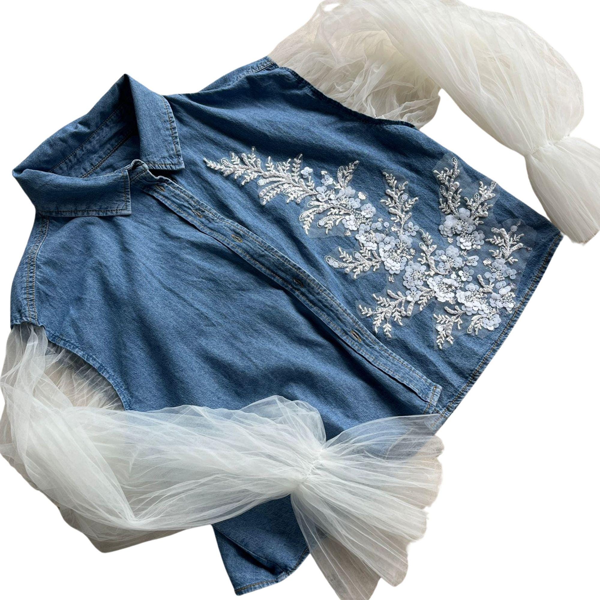 Handmade Lace Denim Jacket – Sheer Tulle Sleeves Jean Jacket, Boho Chic ...