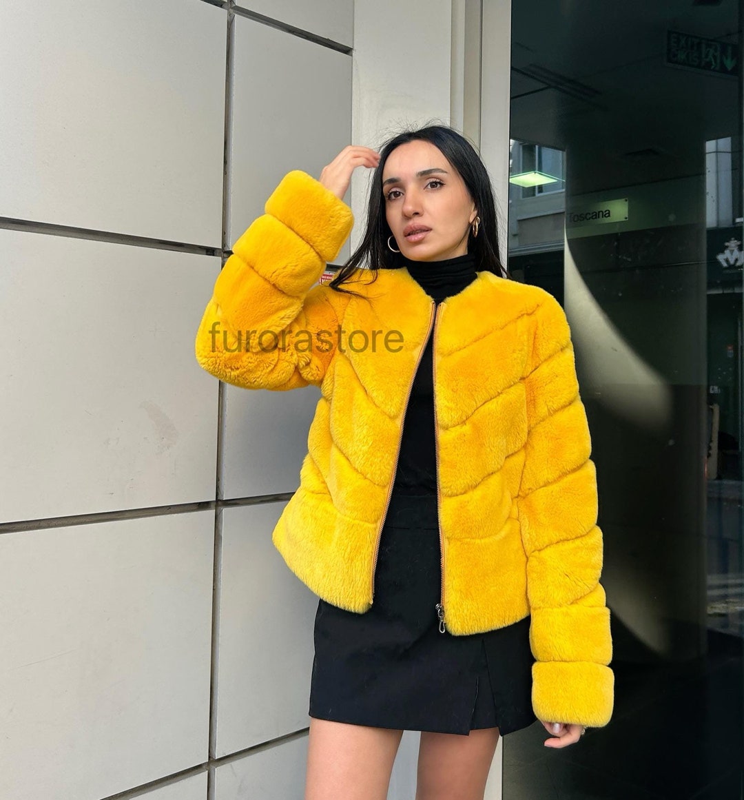 Rex Fur Coat, Yellow Color, Rex Rabbit Coat, Women's Fur Coat, Luxury ...
