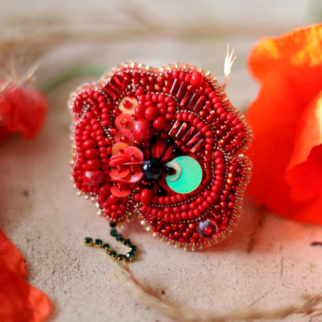 Memorial Day - Red Poppy Brooch, DIY Jewelry Making, Flower Beading Kit ...