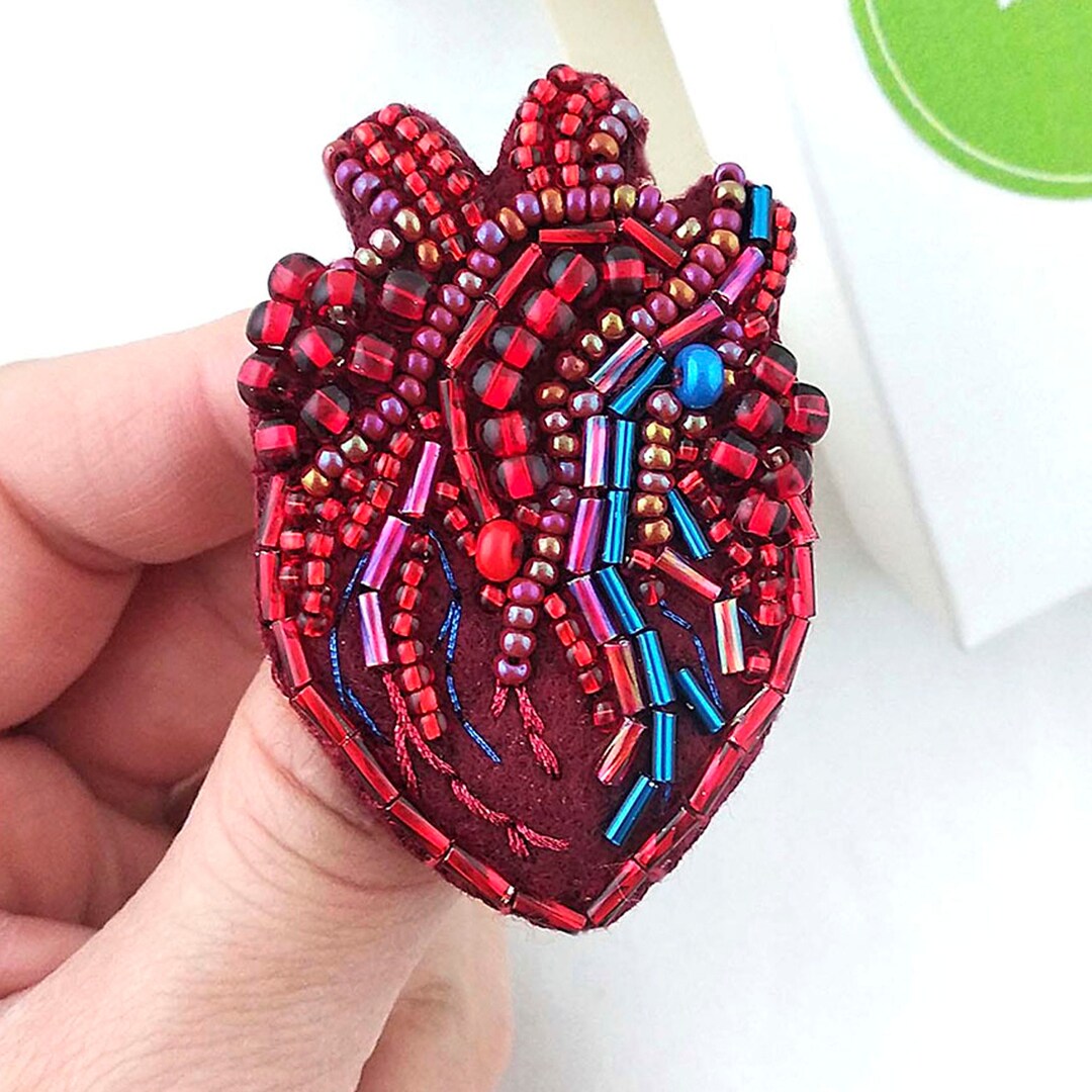 Bead Embroidery Kit, DIY Beaded Heart, Anatomical Heart, Medical Brooch ...