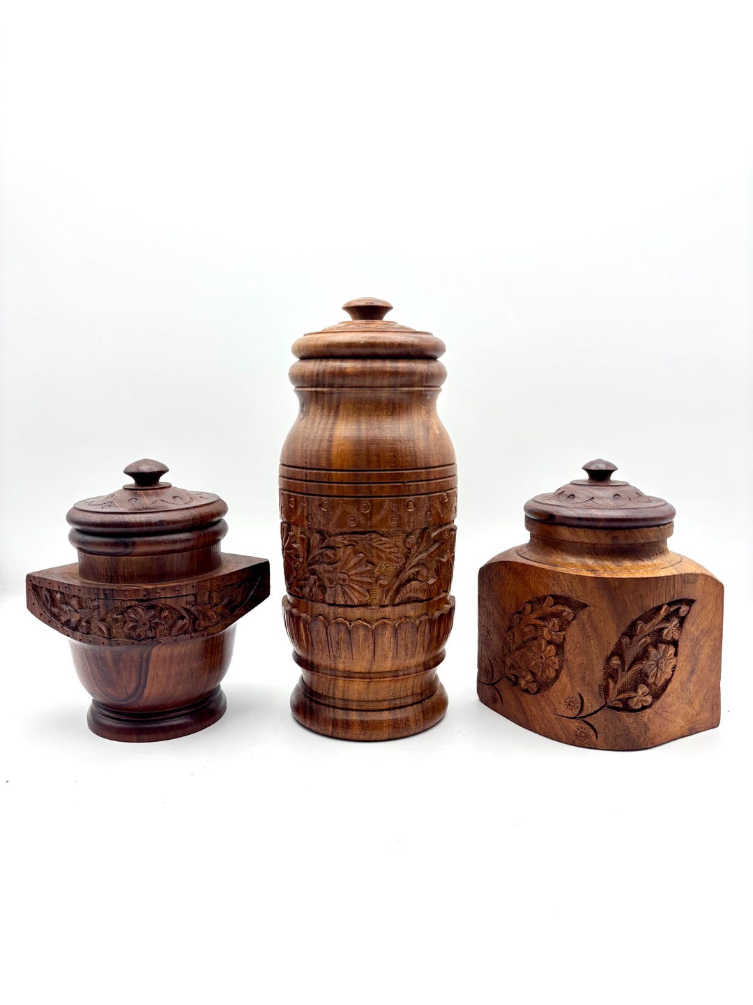 Set of 3 Vintage Indian Hand Carved Wood Jars | Bohemian Rustic Home ...