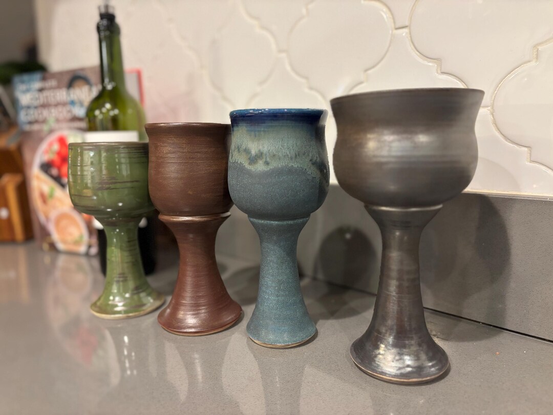 Set of 4 Wine Goblet Handmade Stoneware Pottery Cup Chalice Mix and ...