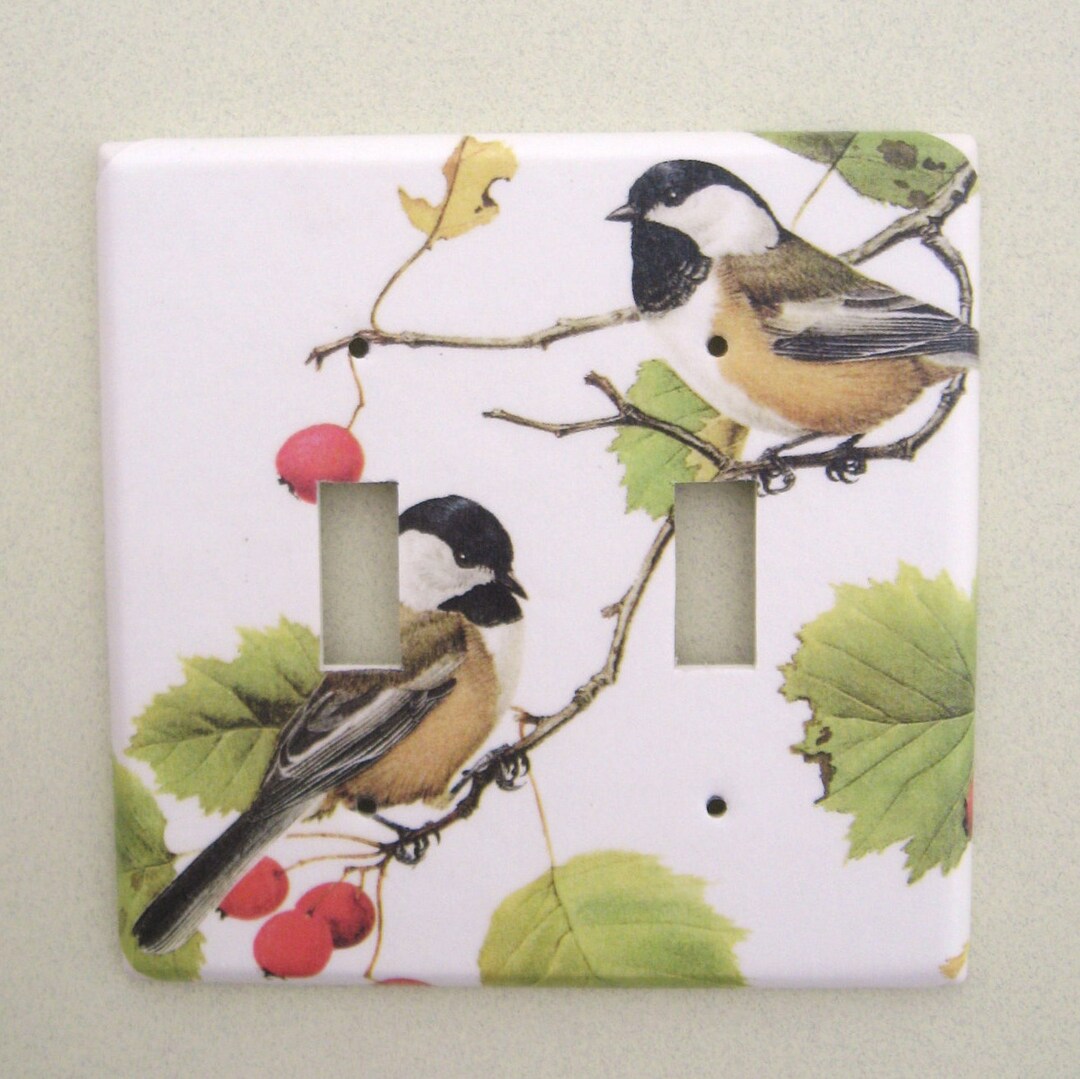 Chickadees and Red Berries Double Bird Light Switch Cover Switchplate ...