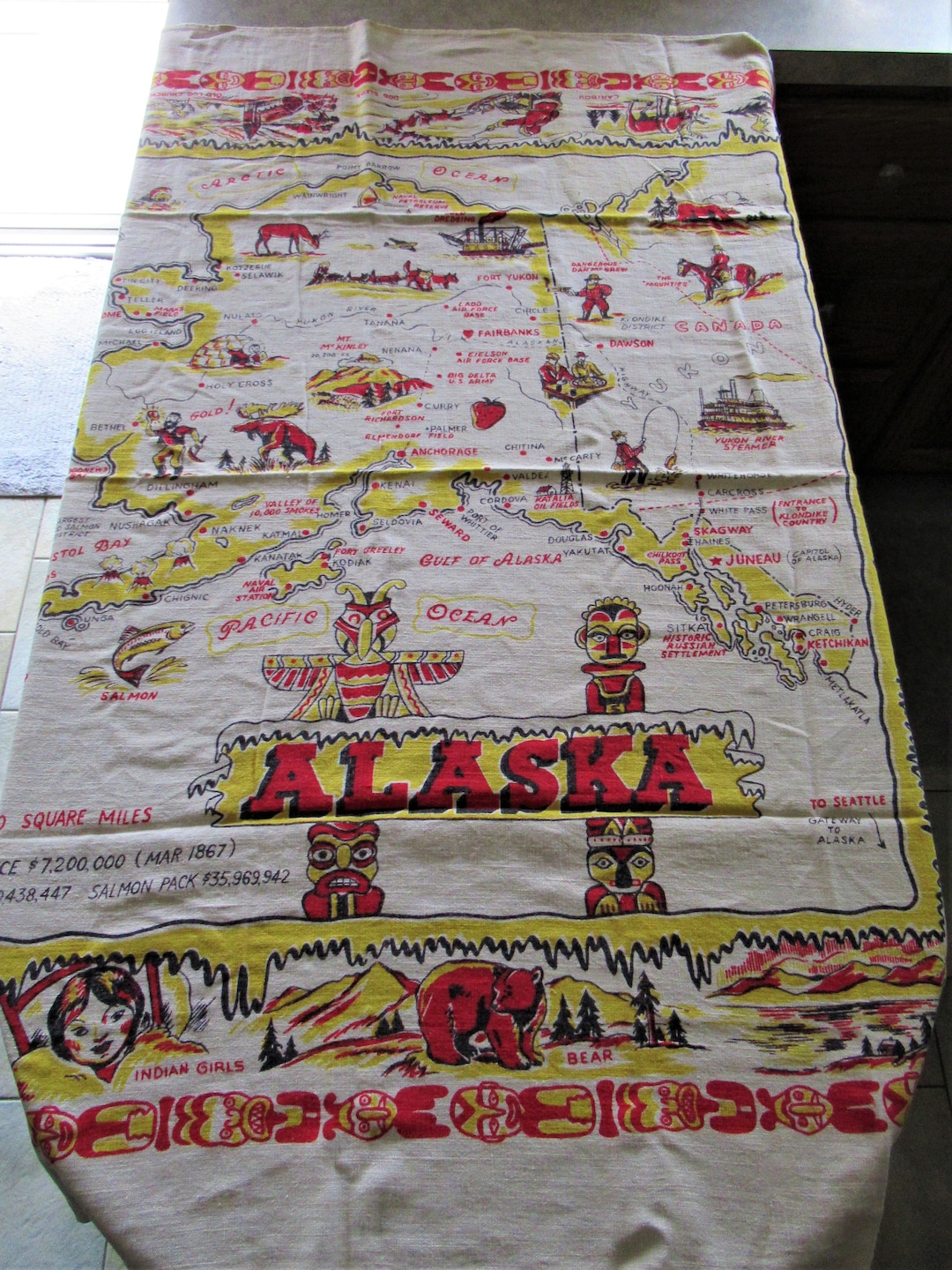 Vintage Alaska State Map Landmark Tablecloth Square Linen - Etsy