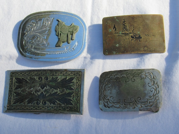 4 vintage brass & silver large BELT BUCKLE collection… - Gem