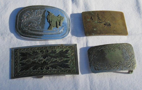 4 vintage brass & silver large BELT BUCKLE collection… - Gem