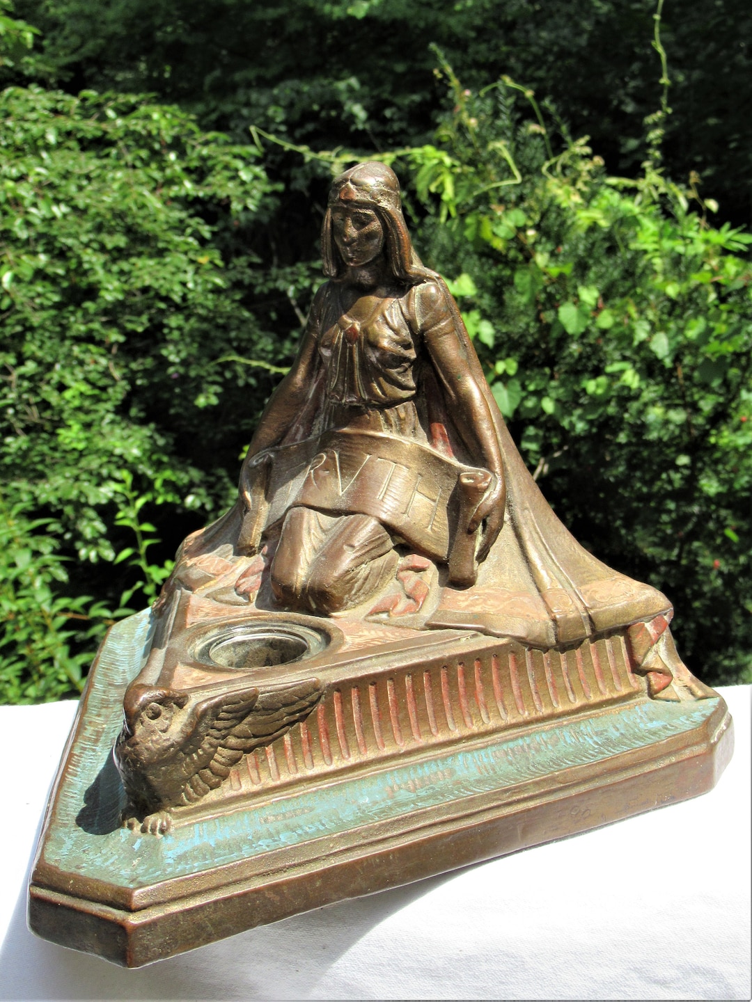 Art Nouveau Lady of Truth & Wise Owl Bronze INK WELL Pen Holder Statue ...