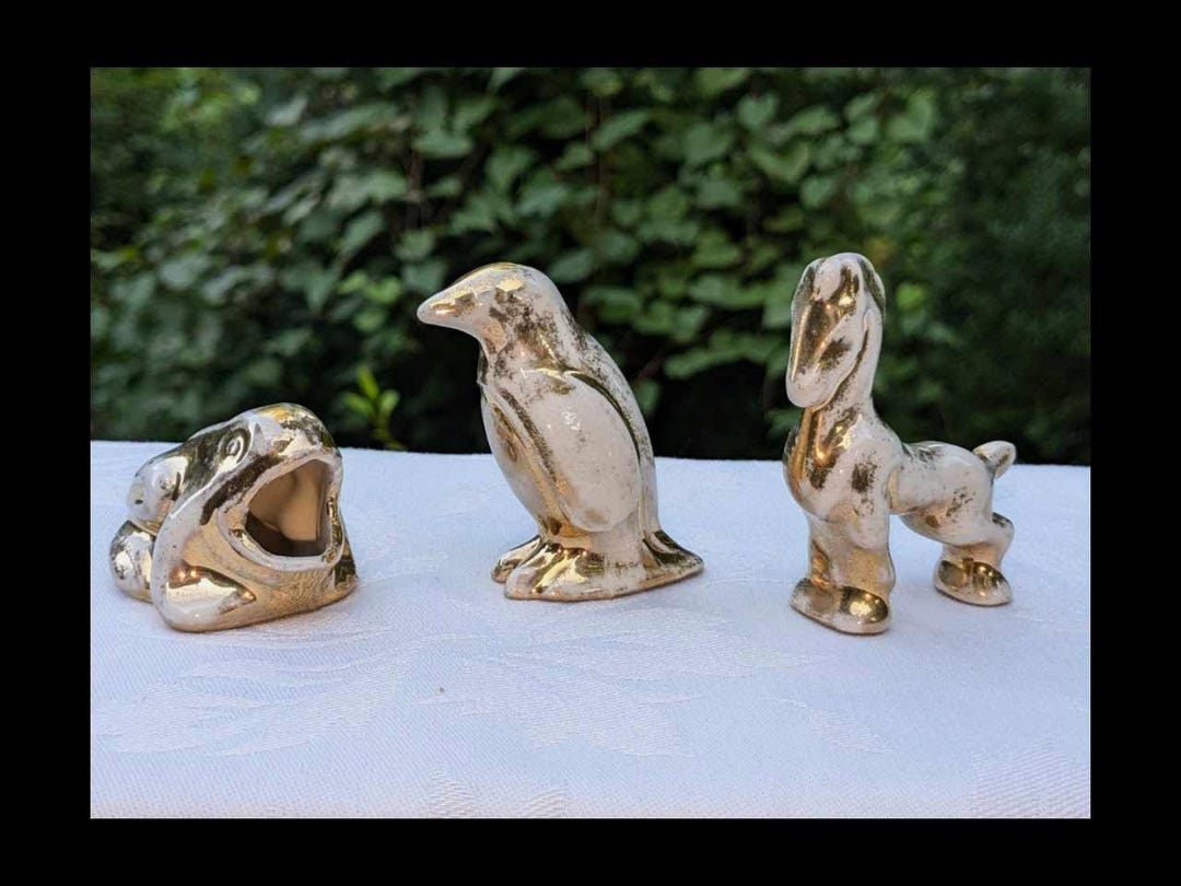 Collection THREE Mini Critters Vintage USA Pottery Gold Brushed White ...