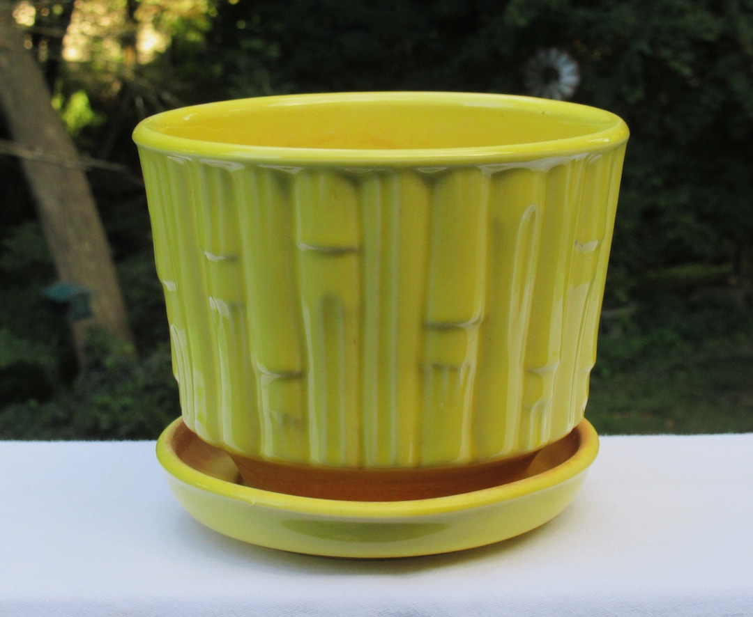 Mccoy Pottery Bamboo Large Yellow Flower Pot Planter With Attached ...