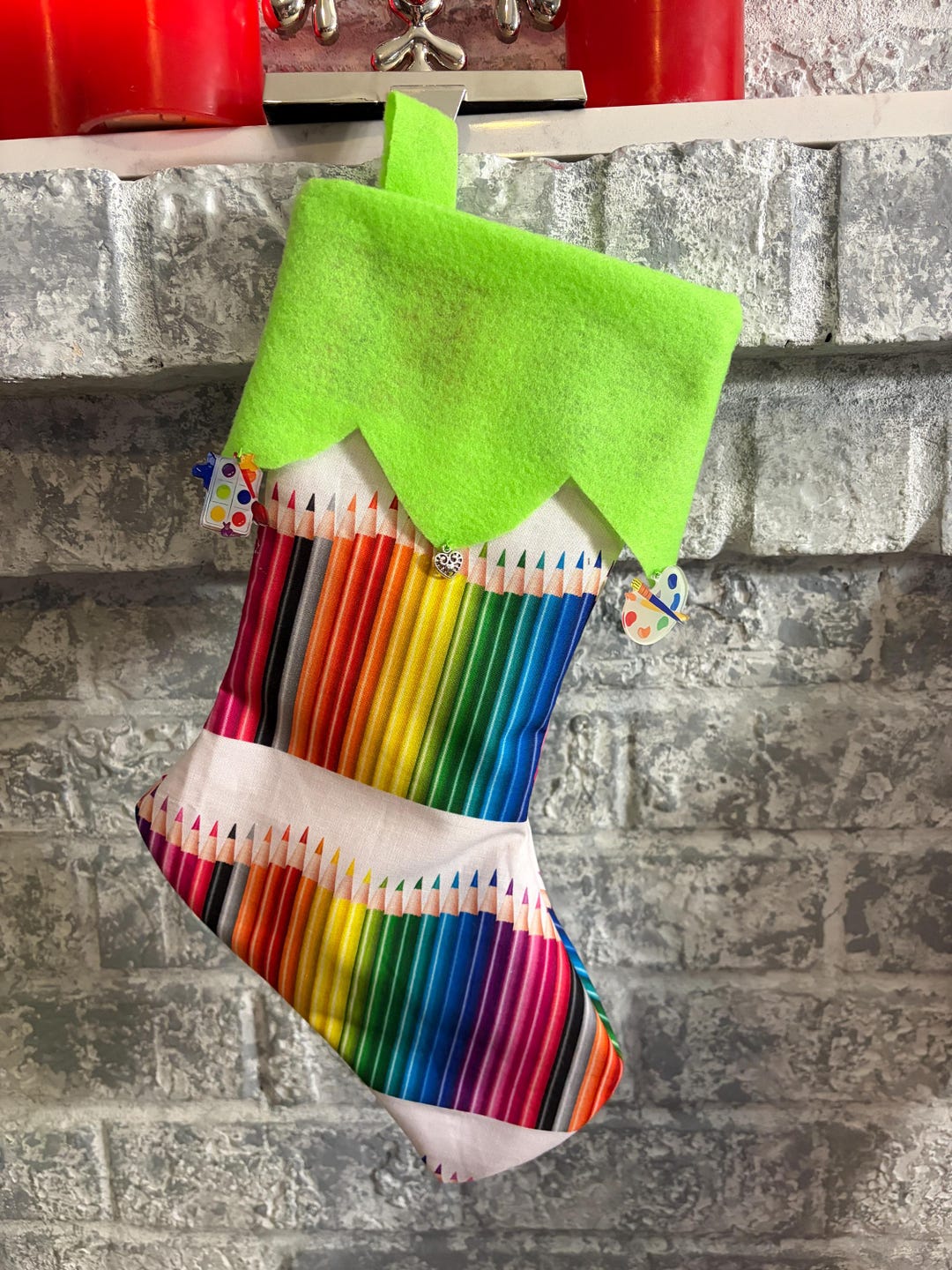 Handmade Fabric Christmas Stocking, Fully Lined, Primary Colors, Pencil ...